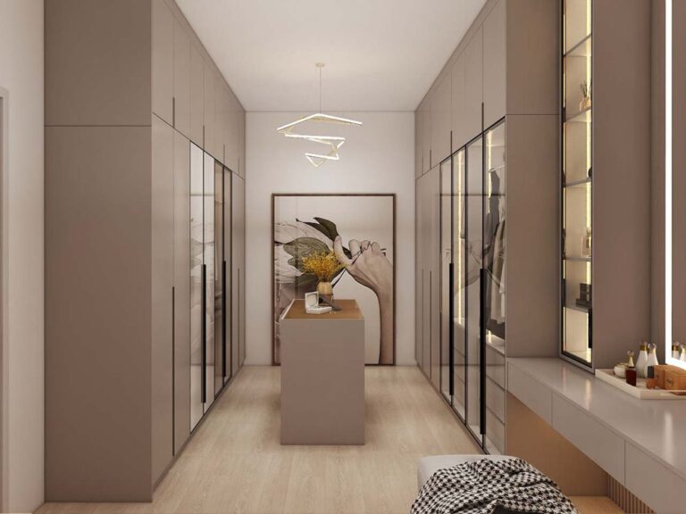 Elegant Golden U-Shaped Walk In Closet With Glass Doors - Hanse