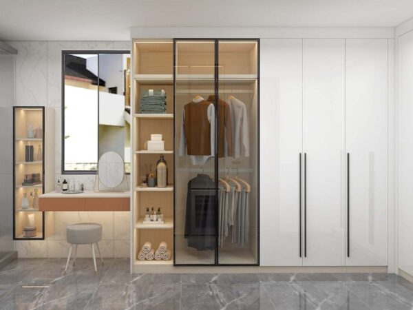 Gallery Modern White Lacquer Hinged Wardrobe With Silver Hardware - Hanse